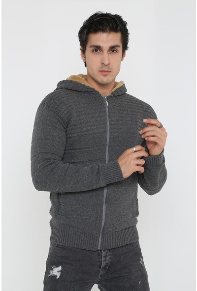 Kmk Erkek Gri Içi Kürklü Kapsonlu Triko Örme Hırka