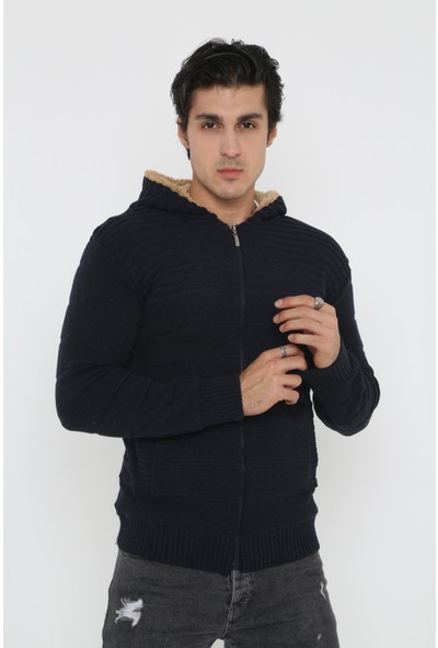 Kmk Erkek Lacivert Içi Kürklü Kapsonlu Triko Örme Hırka