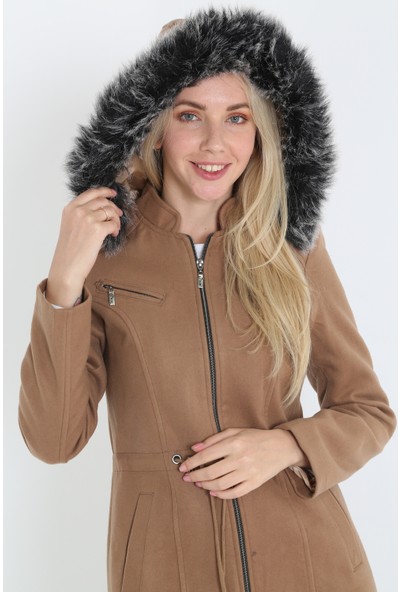 Kmk Kadın Kaşmir Kaşe Kapşonlu Kürklü Kaban Mont