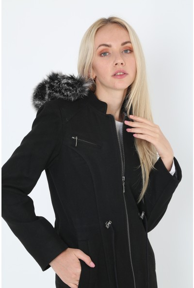 Kmk Kadın Kaşmir Kaşe Kapşonlu Kürklü Kaban Mont