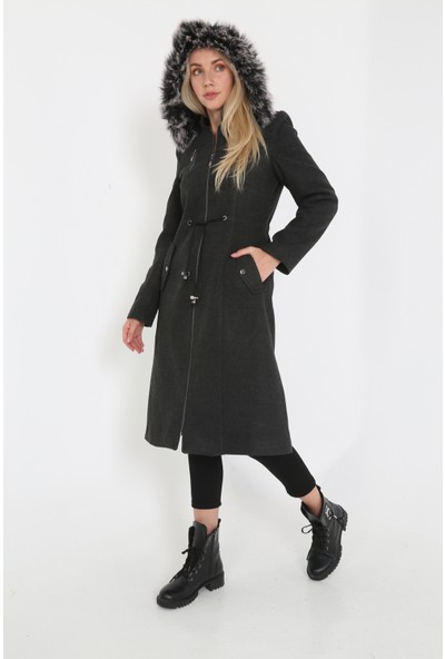 Kmk Kadın Kaşmir Kaşe Kapşonlu Kürklü Kaban Mont