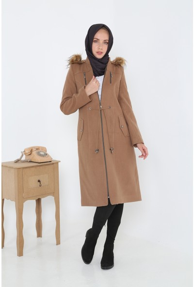 Kmk Kadın Kaşmir Kaşe Kapşonlu Kürklü Kaban Mont