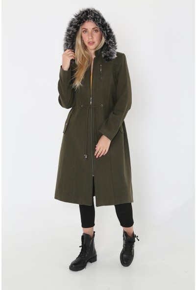 Kmk Kadın Kaşmir Kaşe Kapşonlu Kürklü Kaban Mont