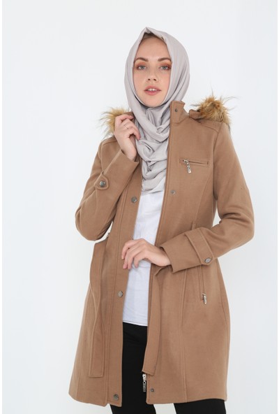 Kmk Kadın Kısa Kaşmir Kaşe Kapşonlu Kürklü Kaban Mont