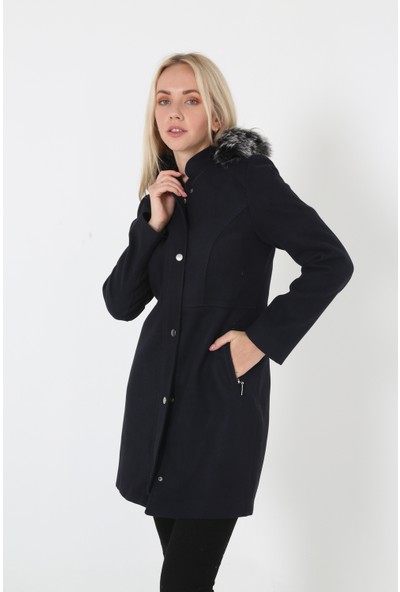 Kmk Kadın Kısa Kaşmir Kaşe Kapşonlu Kürklü Kaban Mont