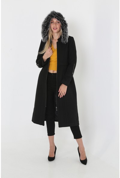 Kmk Kadın Kaşmir Kaşe Kapşonlu Kürklü Kaban Mont