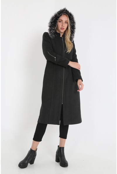 Kmk Kadın Kaşmir Kaşe Kapşonlu Kürklü Kaban Mont