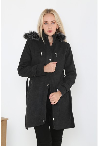 Kmk Kadın Kısa Kaşmir Kaşe Kapşonlu Kürklü Kaban Mont