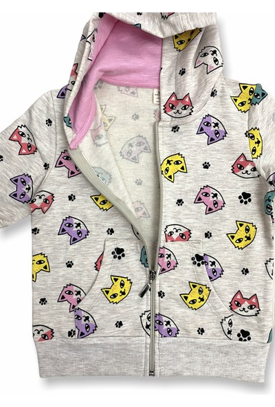 Black Gold Kız Çocuk Gri Kapişonlu Sweatshirt Renkli Kedi Baskılı Sweatshirt