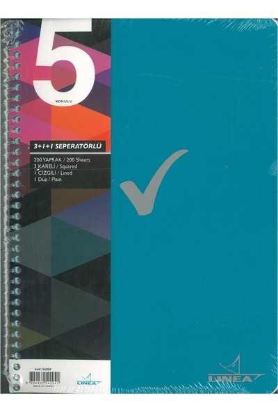 Linea A4 5 Bölmeli Seperatörlü Plastik Kapak Spiralli Defter 3 Kareli + 1 Çizgili + 1 Düz