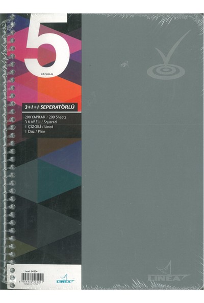 Linea A4 5 Bölmeli Seperatörlü Plastik Kapak Spiralli Defter 3 Kareli + 1 Çizgili + 1 Düz