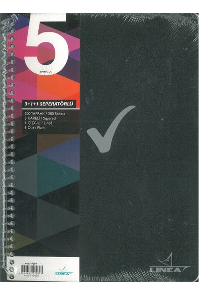 Linea A4 5 Bölmeli Seperatörlü Plastik Kapak Spiralli Defter 3 Kareli + 1 Çizgili + 1 Düz