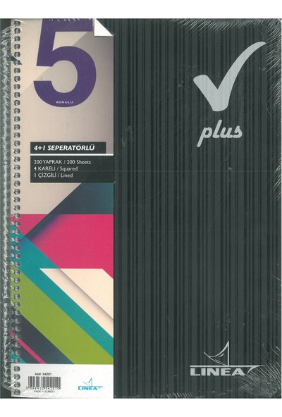 Linea A4 5 Bölmeli Seperatörlü Plus Plastik Kapak Spiralli Defter 4 Kareli + 1 Çizgili Linea A4 5 Bölmeli Seperatörlü Plus Plastik Kapak Spiralli Defter 4 Kareli + 1 Çizgili