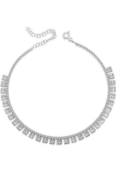 Gumush Gümüş Gurmet Zincirli Kare Zirkon Taşlı Rodyum Halhal