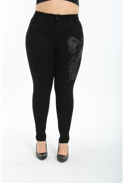 Womenice Kadın Siyah Kuğu Taşlı Büyük Beden Kot Pantolon Jean