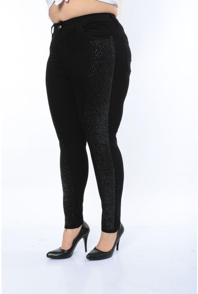 Womenice Kadın Siyah Yanları Serpme Taşlı Büyük Beden Kot Pantolon Jean