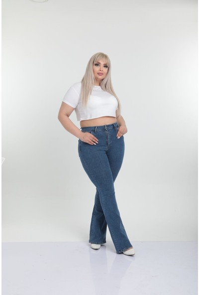 Womenice Kadın Koyu Mavi Ispanyol Paça Büyük Beden Kot Pantolon Jean