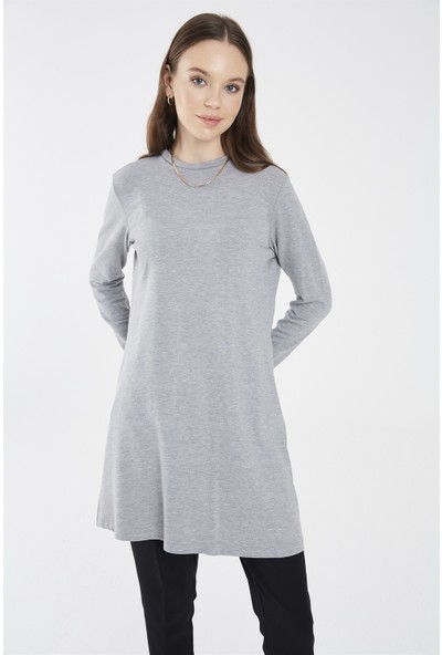 Zühre Bisiklet Yaka Uzun Gri Triko Tunik T-1155