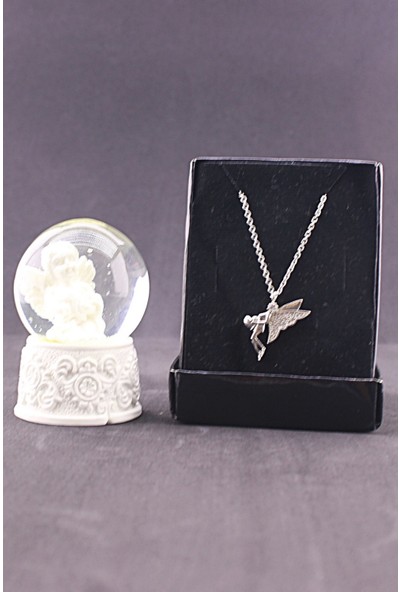 Deco Elit Melek Sevgilim Kar Küresi Mini Boy ve Melek Zirkon Taş Kalp Kolye Set