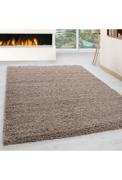 Oves Home Shaggy Halı 30 mm Uzun ve Yüksek Tüylü Düz Bej Renkli