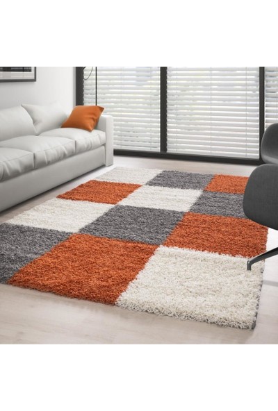 Oves Home Shaggy Halı 30 mm Hav Yüksekliği Kareli Desen Turuncu Gri Beyaz Oves Home Shaggy Halı 30 mm Hav Yüksekliği Kareli Desen Turuncu Gri Beyaz