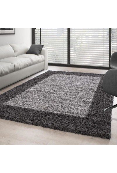 Oves Home Shaggy Halı 30 mm Hav Yüksekliği Bordür Desenli Gri Tonlarında