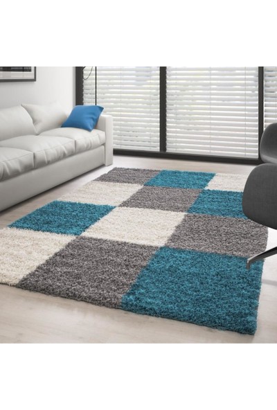 Oves Home Shaggy Halı 30 mm Hav Yüksekliği Kareli Desen Mavi Gri Beyaz