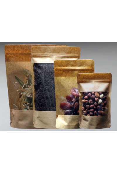 1001 Ambalaj Doypack Kilitli Kraft Renk Geniş Pencereli 13 x 22,5 cm 10 Adet