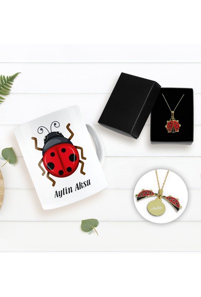 BK Kişiye Özel Uğurböceği Temalı Kupa ve Açılan Uğurböceği Kolye Hediye Seti-1