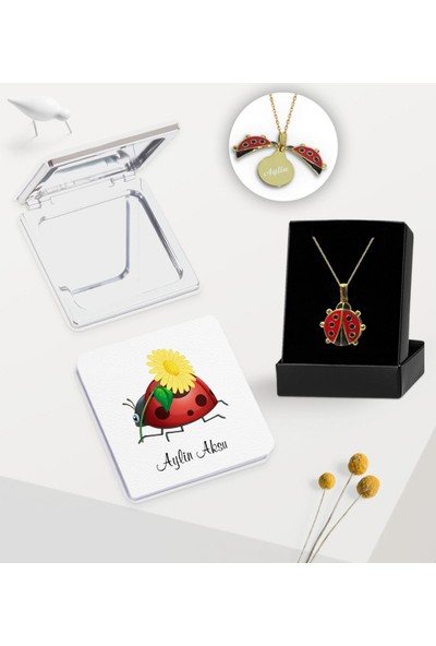 BK Kişiye Özel Isimli Uğurböceği Temalı Ayna ve Açılan Uğurböceği Kolye Hediye Seti-2