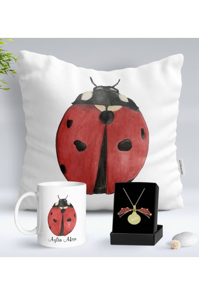 BK Kişiye Özel Uğurböceği Temalı Yastık Kupa ve Açılan Uğurböceği Kolye Hediye Seti-3 BK Kişiye Özel Uğurböceği Temalı Yastık Kupa ve Açılan Uğurböceği Kolye Hediye Seti-3
