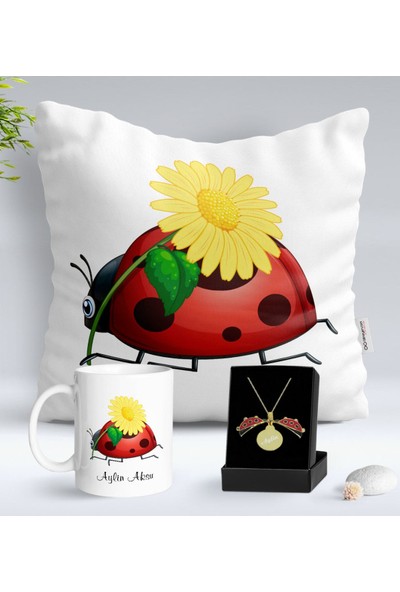 BK Kişiye Özel Uğurböceği Temalı Yastık Kupa ve Açılan Uğurböceği Kolye Hediye Seti-2 BK Kişiye Özel Uğurböceği Temalı Yastık Kupa ve Açılan Uğurböceği Kolye Hediye Seti-2
