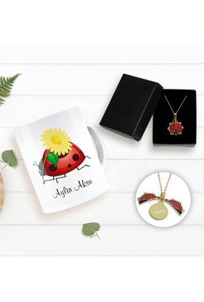 BK Kişiye Özel Uğurböceği Temalı Kupa ve Açılan Uğurböceği Kolye Hediye Seti-3