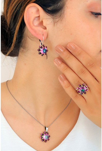 Midyat Nurtaş Gümüş Mistik Topaz Taşlı El Işçiliği Otantik Gümüş Üçlü Set