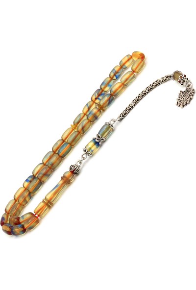 Midyat Nurtaş Gümüş Kahverengi Hareli Gümüş Püsküllü Ateş Kehribar Tespih