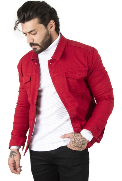 Deepsea Kırmızı Dar Kesim Likralı Metal Düğmeli Kot Mont 2201005 Deepsea Kırmızı Dar Kesim Likralı Metal Düğmeli Kot Mont 2201005