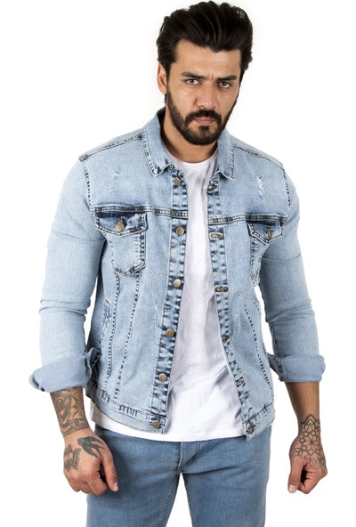 Deepsea Buz Mavisi Lazer Kesim Slim Fit Likralı Kot Mont 2201007 Deepsea Buz Mavisi Lazer Kesim Slim Fit Likralı Kot Mont 2201007