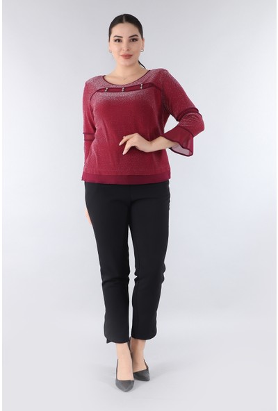 Kifayet Bordo Simli Büyük Beden Bluz