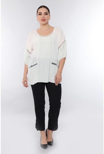 Kifayet Yeşil Merdiven Şeritli Truvakar Kol Büyük Beden Bluz