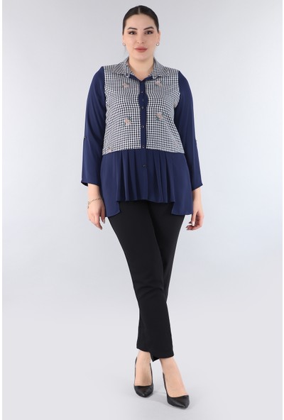 Kifayet Lacivert Çiçekli Pötikare Büyük Beden Bluz Kifayet Lacivert Çiçekli Pötikare Büyük Beden Bluz