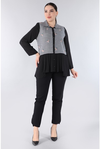 Kifayet Siyah Çiçekli Pötikare Büyük Beden Bluz Kifayet Siyah Çiçekli Pötikare Büyük Beden Bluz