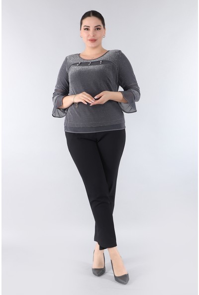 Kifayet Gri Simli Büyük Beden Bluz