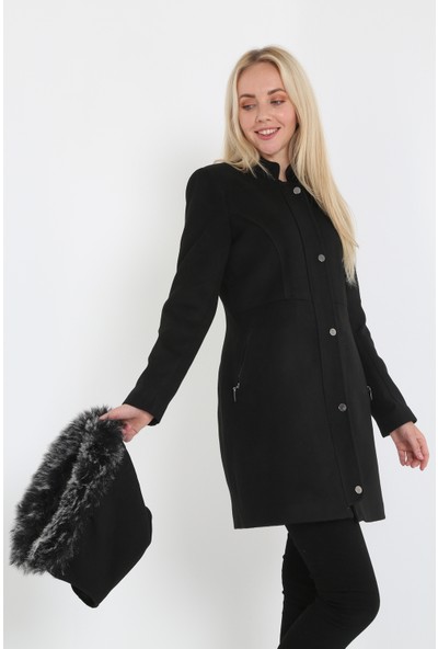 Kmk Kadın Kısa Kaşmir Kaşe Kapşonlu Kürklü Kaban Mont