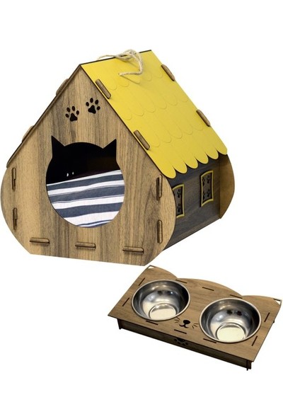 Anı Sepeti Ahşap Kedi Evi Evcil Hayvan Kulübesi ve Yatağı Mama Kabı ve Minder Hediyeli Asp6 Anı Sepeti Ahşap Kedi Evi Evcil Hayvan Kulübesi ve Yatağı Mama Kabı ve Minder Hediyeli Asp6