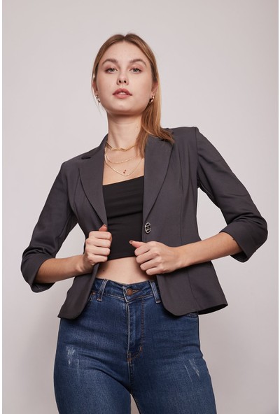 Jument Yakalı Flato Cepli Capri Truvakar Kol Kısa Blazer Ceket-Antrasit Jument Yakalı Flato Cepli Capri Truvakar Kol Kısa Blazer Ceket-Antrasit