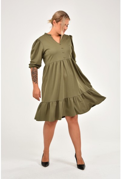 Apsen Apsen kadın V Yaka Fırfır Detaylı Önden Top Düğmeli 4/3 Kol Midi Boy Büyük Beden Elbise 4415/105