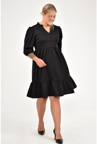 Apsen Apsen kadın V Yaka Fırfır Detaylı Önden Top Düğmeli 4/3 Kol Midi Boy Büyük Beden Elbise 4415/105