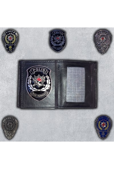 Baylino Polis Özel Harekat Pöh Siyah Renk Rozetli Hakiki Flator Deri Cüzdan Düz Model