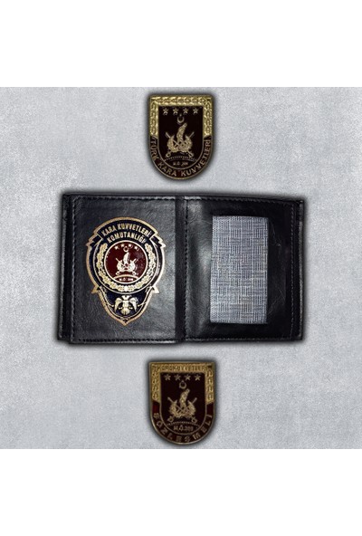 Baylino Kara Kuvvetleri Komutanlığı Siyah Renk Rozetli Hakiki Flator Deri Cüzdan Kelebek Model
