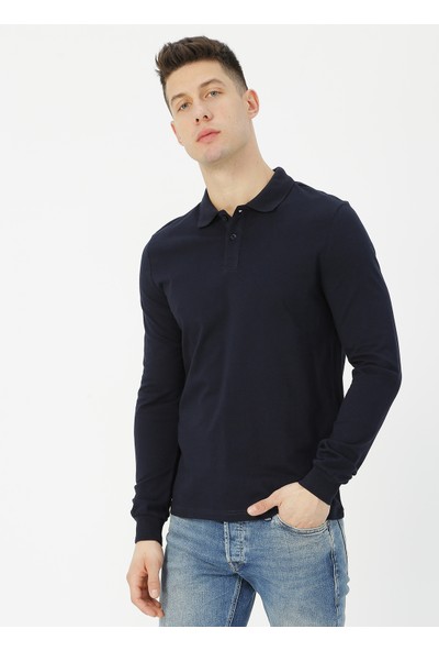 Limon Lacivert Polo Yaka Uzun Kol Erkekt-Shirt